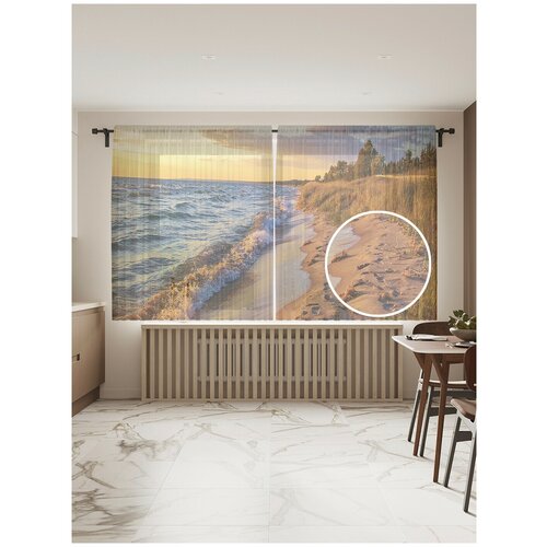 Тюль для кухни и спальни JoyArty "Прибрежные волны", 2 полотна со шторной лентой шириной по 145 см, высота 180 см.