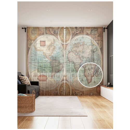 Тюль для кухни и спальни JoyArty "Карта эпохи возрождения", 2 полотна со шторной лентой шириной по 145 см, высота 265 см.