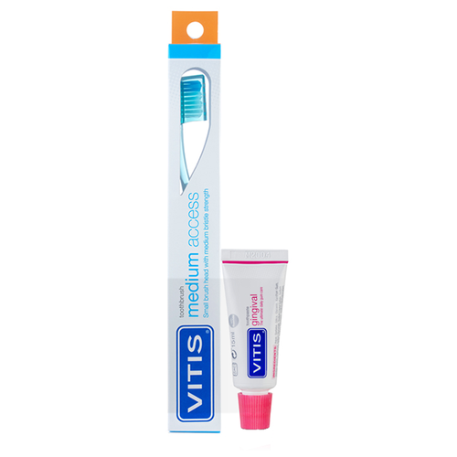 Щётка зубная в твердой упаковке Vitis Medium Access + Зубная паста Vitis Gingival 15 мл