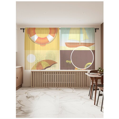 Тюль для кухни и спальни JoyArty "Морские символы", 2 полотна со шторной лентой шириной по 145 см, высота 180 см.