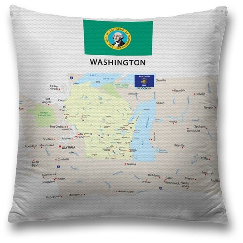 Наволочка декоративная на молнии, чехол на подушку JoyArty "Карта Штат Вашингтон" 45х45 см