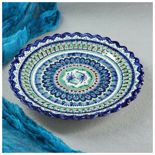 Тарелка Риштанская Керамика "Цветы" синяя, рельефная, 25 см, тарелка для подачи блюд, для сервировки