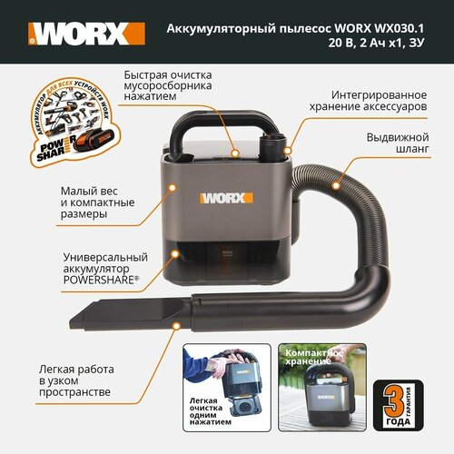 Аккумуляторный пылесос WORX WX030.9 20В, без АКБ и ЗУ