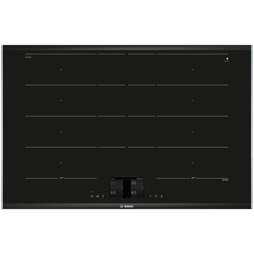 Индукционная варочная панель BOSCH PXY875KV1E, с рамкой, цвет панели черный, цвет рамки серебристый