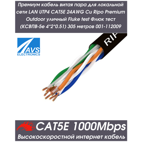 Премиум кабель витая пара для локальной сети LAN UTP4 CAT5E 24AWG Cu Premium уличный Fluke test Флюк тест (КСВПВ-5е 4*2*0.51) 305 метров 001-112009
