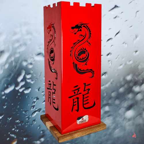 Подставка для зонтов Syndicate: "Китайский Дракон". Из стали. Основание - Натуральный Дуб. 24х24х56см. Красный.