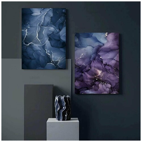 Комплект интерьерных картин (2шт по 40х60см) в спальню/гостиную/зал "Сине - фиолетовый комплект", холст на подрамнике, общий размер 60х80 см