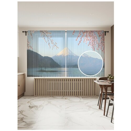 Тюль для кухни и спальни JoyArty "Горная свежесть", 2 полотна со шторной лентой шириной по 145 см, высота 180 см.