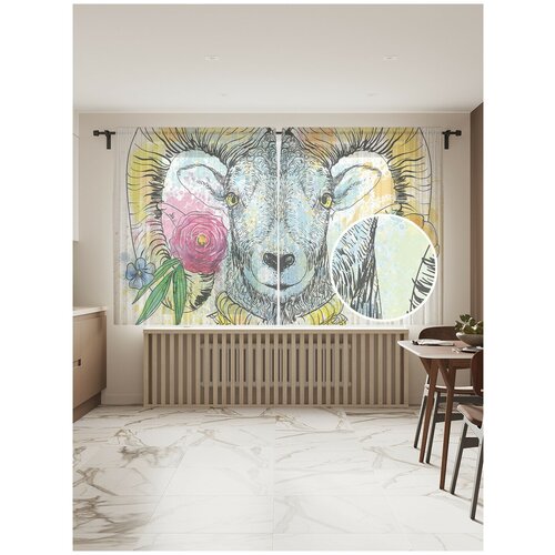 Тюль для кухни и спальни JoyArty "Баран с цветами", 2 полотна со шторной лентой шириной по 145 см, высота 180 см.