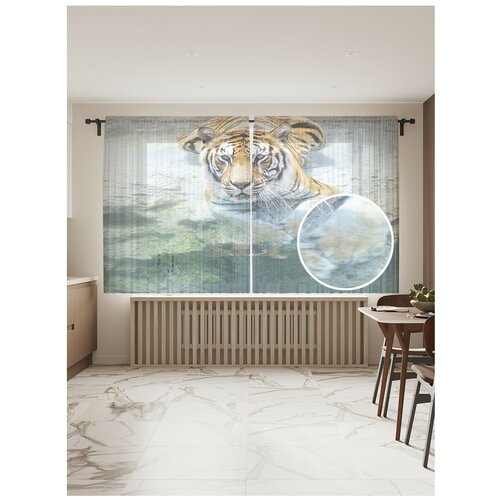 Тюль для кухни и спальни JoyArty "Купание полосатого", 2 полотна со шторной лентой шириной по 145 см, высота 180 см.