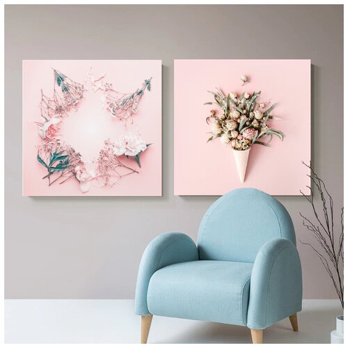 Комплект интерьерных картин (2 шт по 70х70см) в спальню/гостиную/зал "Розовый диптих", холст на подрамнике, общий размер 70х140см