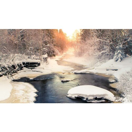 Картина на холсте 60x110 LinxOne "Зима река пейзаж" интерьерная для дома / на стену / на кухню / с подрамником