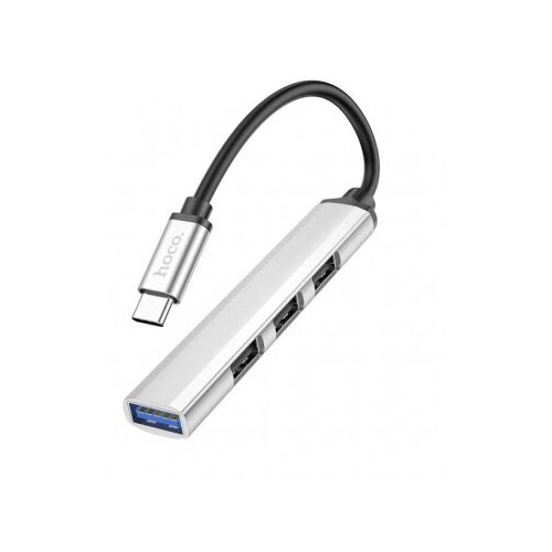 HUB адаптер Hoco HB26 4 in1, Type-C to USB3.0 + USB2.0*3, металлический корпус,13 см кабель, Серебристый