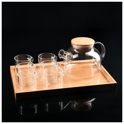 Чайный набор на деревянной подставке "Эко", 7 предметов: чайник стеклянный с ситом 900 мл, кружки 6 шт, 100 мл