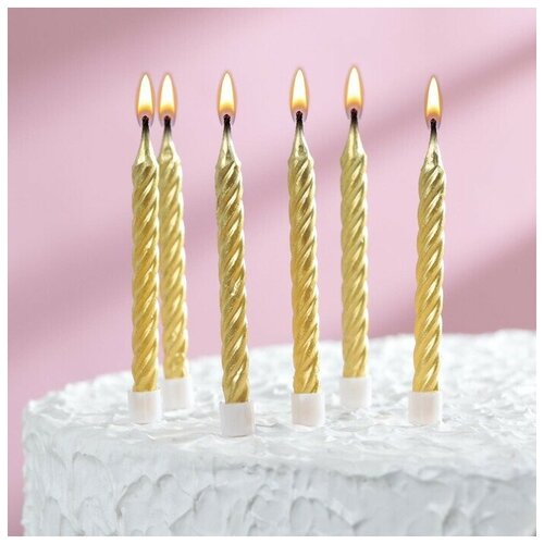 Свечи в торт с подставками, золотые, средние, набор 6 шт
