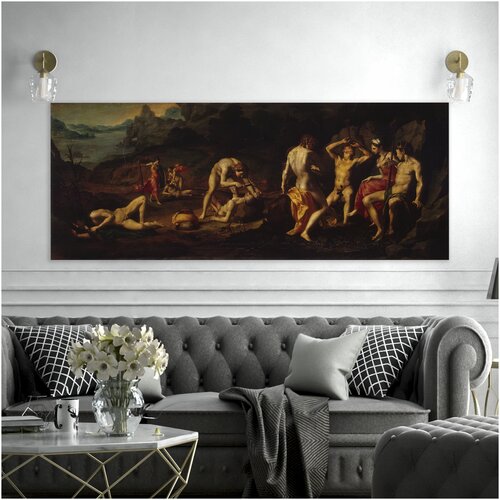 Картина репродукция Аньоло Бронзино-Состязание Аполлона и Марсия на натуральном холсте для домашнего интерьера, украшения и декора горизонтальная, размер 40х100см