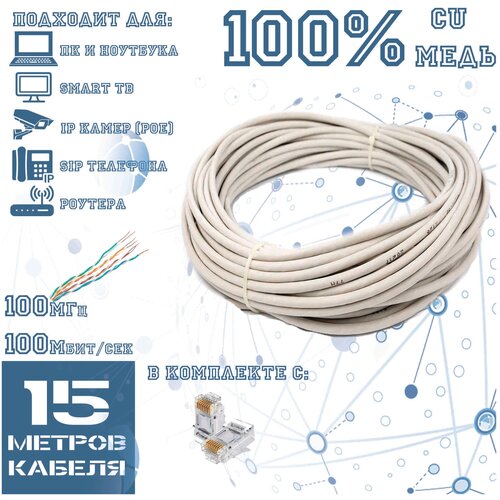 Внутренний интернет кабель (витая пара) полимет, для прокладки в помещениях, CU (чистая медь), UTP, PVC, 4 пары, Cat.5е, 24AWG, indoor, серый, 15 м