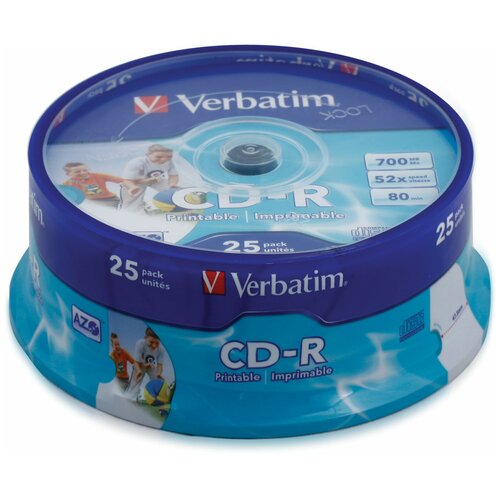 Диски CD-R VERBATIM 700 MB 52x Printable, комплект 25 шт, Cake Box, с поверхностью для печати