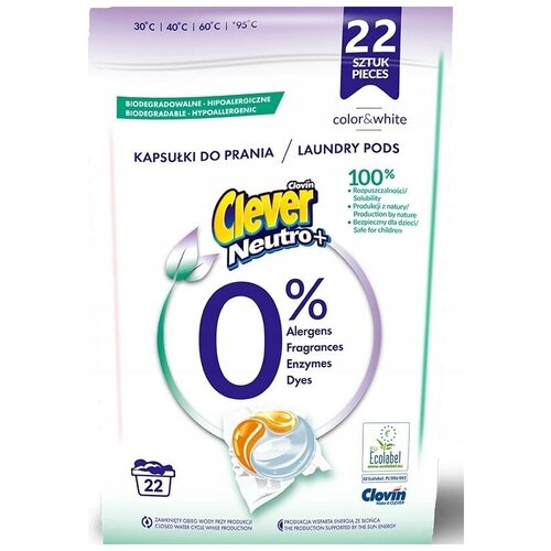 Clovin Clever Neutro+ Laundry Pods Color & White Экологичные гипоаллергенные капсулы стирки универсальные 22 шт 396 гр