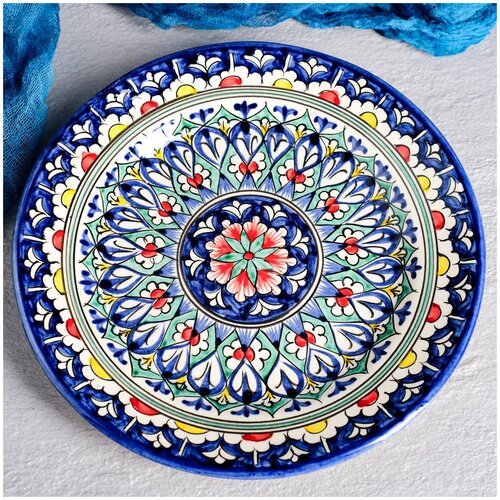 Шафран Тарелка обеденная Риштанская Керамика Цветы, 22 см синий 22 см