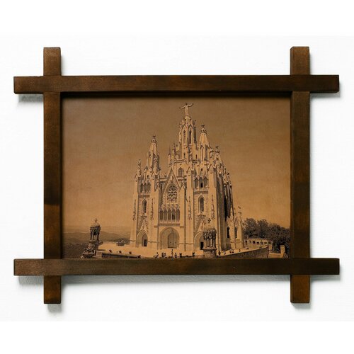 Картина Храм Святого Сердца в Барселоне, гравировка на натуральной коже в деревянной раме, подарок, BoomGift