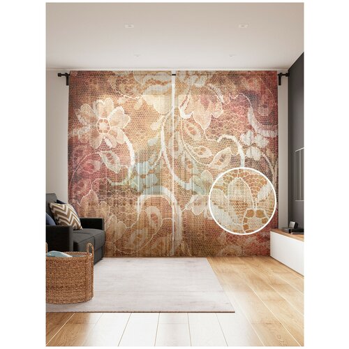 Тюль для кухни и спальни JoyArty "Кружевные цветы", 2 полотна со шторной лентой шириной по 145 см, высота 265 см.