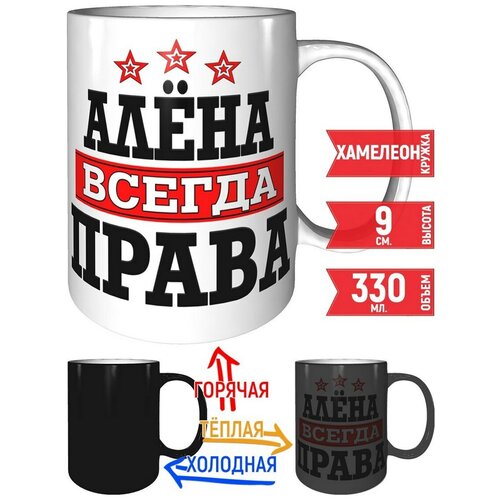 Кружка Алёна всегда права - хамелеон, с изменением цвета.