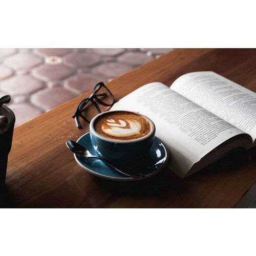 Картина на холсте 60x110 LinxOne "Кофе, книга, очки" интерьерная для дома / на стену / на кухню / с подрамником