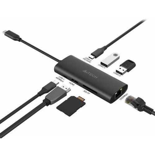 Разветвитель USB Type-C A4TECH DST-80C 2 х USB 2.0 RJ-45 HDMI USB Type-C SD серый
