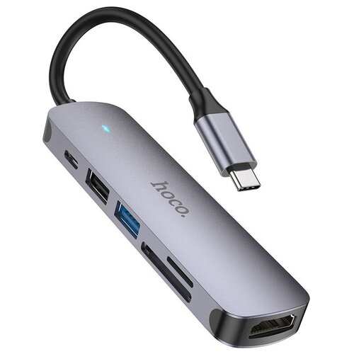 HOCO HB28 Концентратор -Хаб 6 в 1, USB 3.0, Type-C, Card Reader SD, Micro SD, HDMI серый металл, оригинал