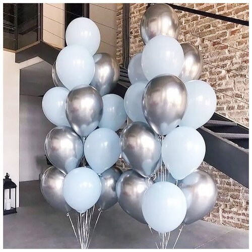 Фонтан из воздушных шаров с гелием Серебро/голубой, 17 шт