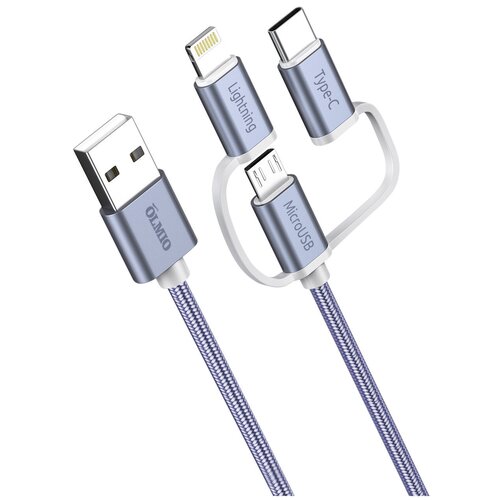 Кабель Olmio USB 2.0 - 3-в-1, microUSB/lightning/typeC, текстильная оплетка 38896