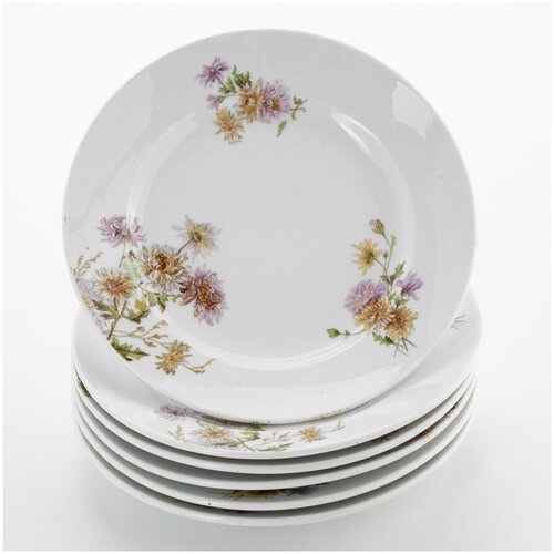 Комплект обеденных тарелок на 6 персон, декорированных изображением хризантем
