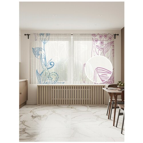 Тюль для кухни и спальни JoyArty "Графика цветов", 2 полотна со шторной лентой шириной по 145 см, высота 180 см.