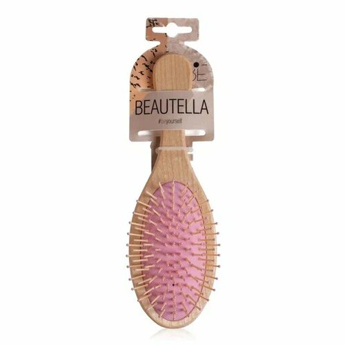 Расческа Beautella деревянная массажная овальная с пластиковыми зубчиками, цветная подушечка
