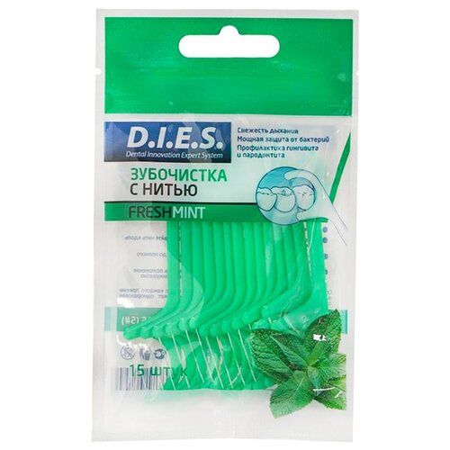 D.I.E.S. Зубочистки с нитью Мята, мята, 15уп., зеленый