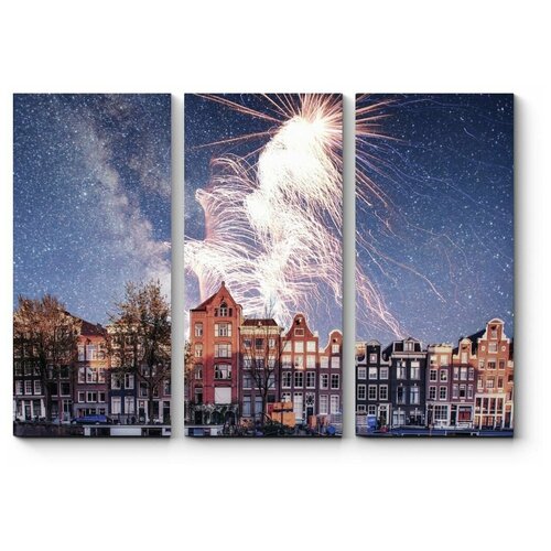 Модульная картина Яркий фейерверк в ночном небе Амстердама 140x100