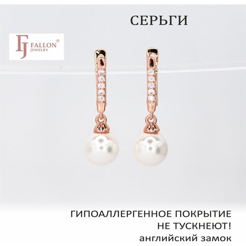 Серьги с подвесками FJ Fallon Jewelry, жемчуг имитация, фианит, размер/диаметр 27 мм, белый, золотой