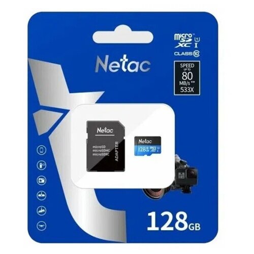 Карта памяти Netac microSDHC 128Gb Class10 NT02P500STN-128G-R P500 adapter