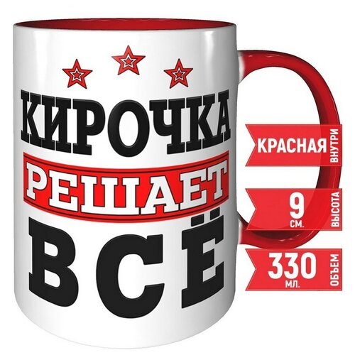 Кружка Кирочка решает всё - красный цвет ручка и внутри кружки.