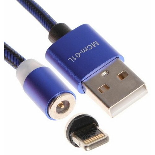 Кабель MCm-01L, Lightning - USB, 2 А, 1 м, магнитный, нейлон, подсветка, синий