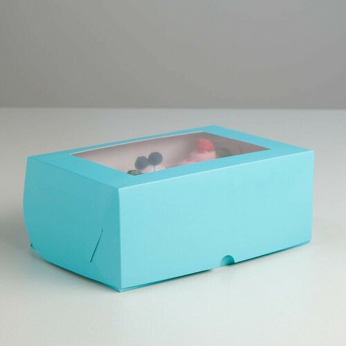 Коробка на 6 капкейков с окном, голубая, 25 х 17 х 10 см