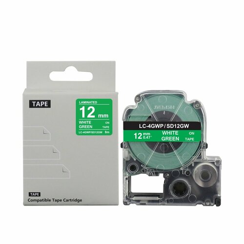 Картридж BYZ LC-4GWP / SD12GW с самоклеящейся термолентой для принтеров Epson, 12 мм, 8 м, белый текст на зеленой ленте