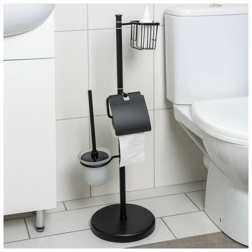 Стойка напольная с держателем для туалетной бумаги, освежителя и ершика, 80 см, цвет чёрный