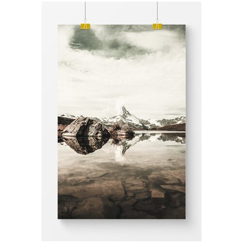 Постер на стену для интерьера Postermarkt Снежная гора в отражении озера, размер 50х70 см, постеры картины для интерьера в тубусе