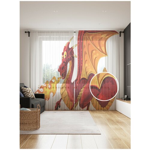 Тюль для кухни и спальни JoyArty "Огонь дракона", 2 полотна со шторной лентой шириной по 145 см, высота 265 см.