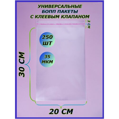 Бопп-пакеты с клеевым клапаном фасовочные, 20 х 30 см + 3 см клапан, 250 штук в упаковке