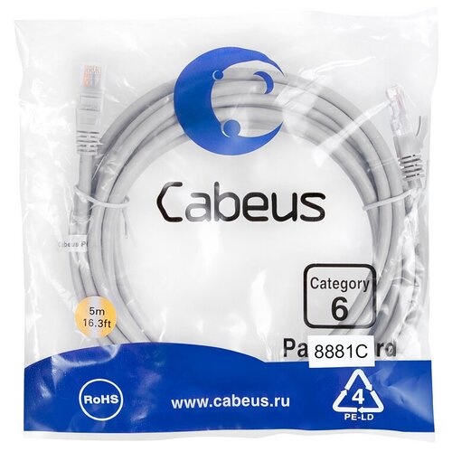 Патч-корд Cabeus PC-UTP-RJ45-Cat.6-5m-LSZH Кат.6 5 м серый