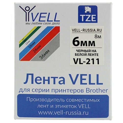 Картридж для принтера этикеток PT Vell VL-211(Brother TZE-211,6 мм, чер/бел)