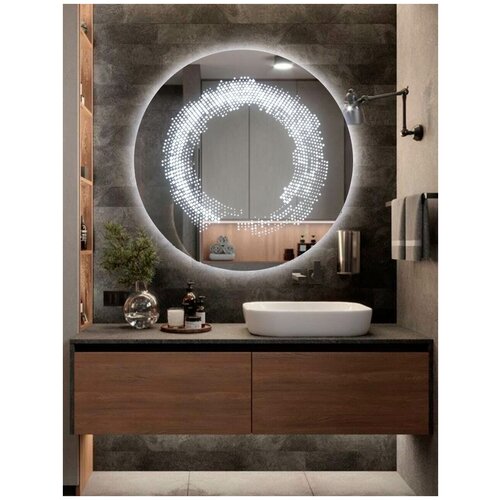 Зеркало настенное с подсветкой парящее круглое 100*100 см дизайнерское для ванной холодный свет 6000 К сенсорное управление